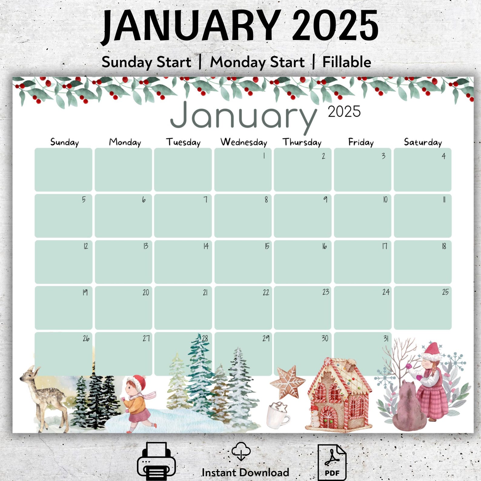 EDITABLE January 2025 Calendar, Cute January Calendar, Printable ...