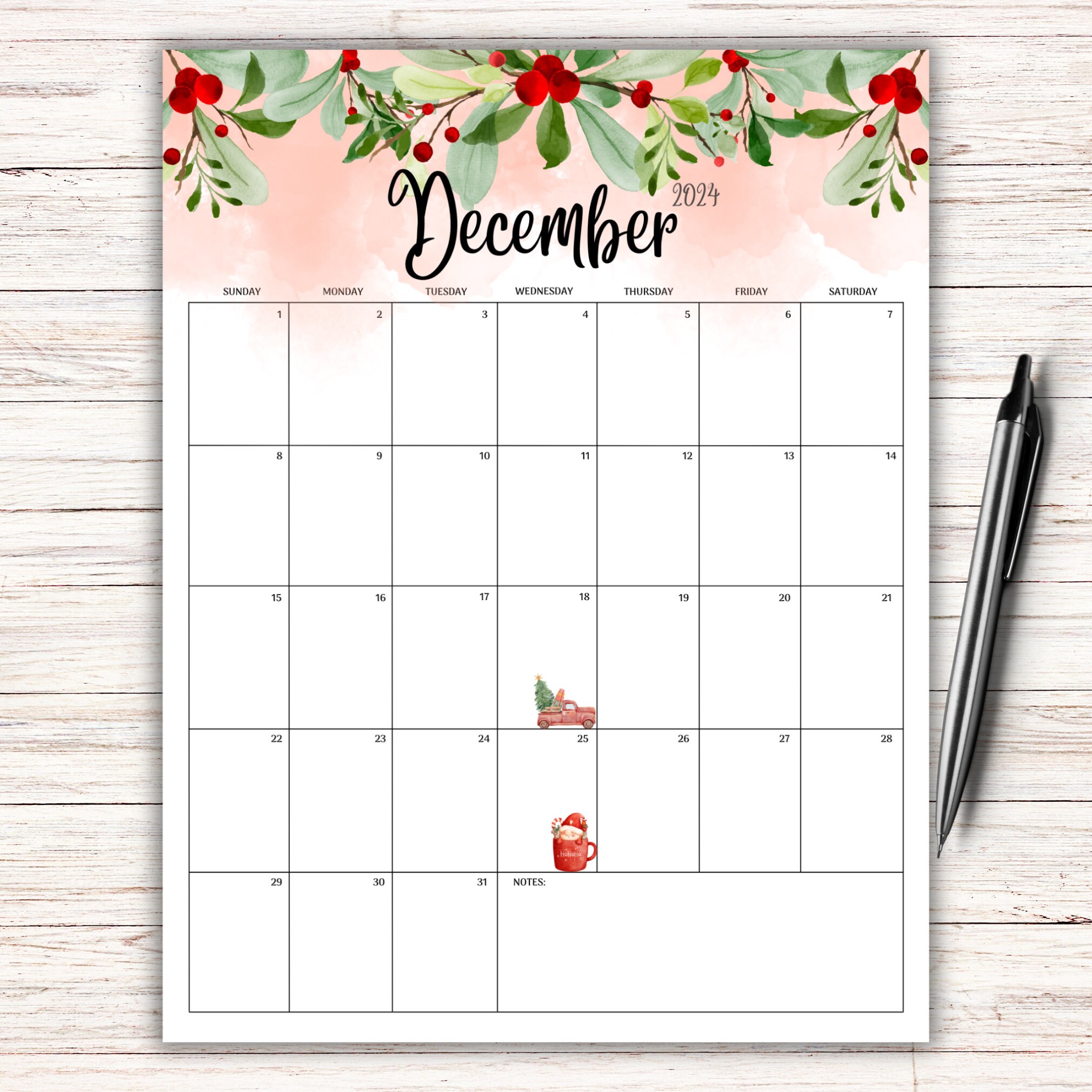 EDITABLE December 2024 Calendar, Beautiful Watercolor Flowers ...