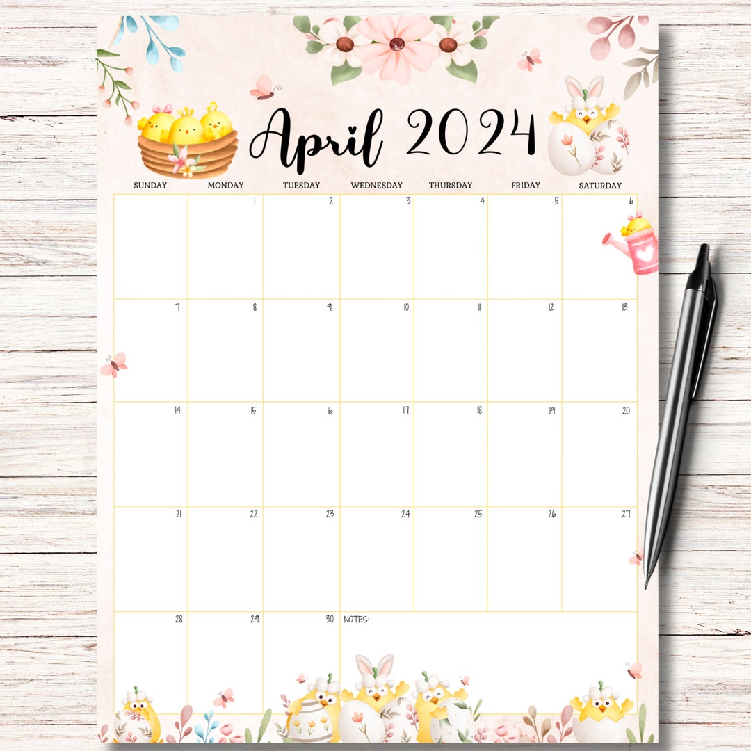EDITABLE April 2024 Calendar, Happy Easter Day, Cute Ducks Chicken ...