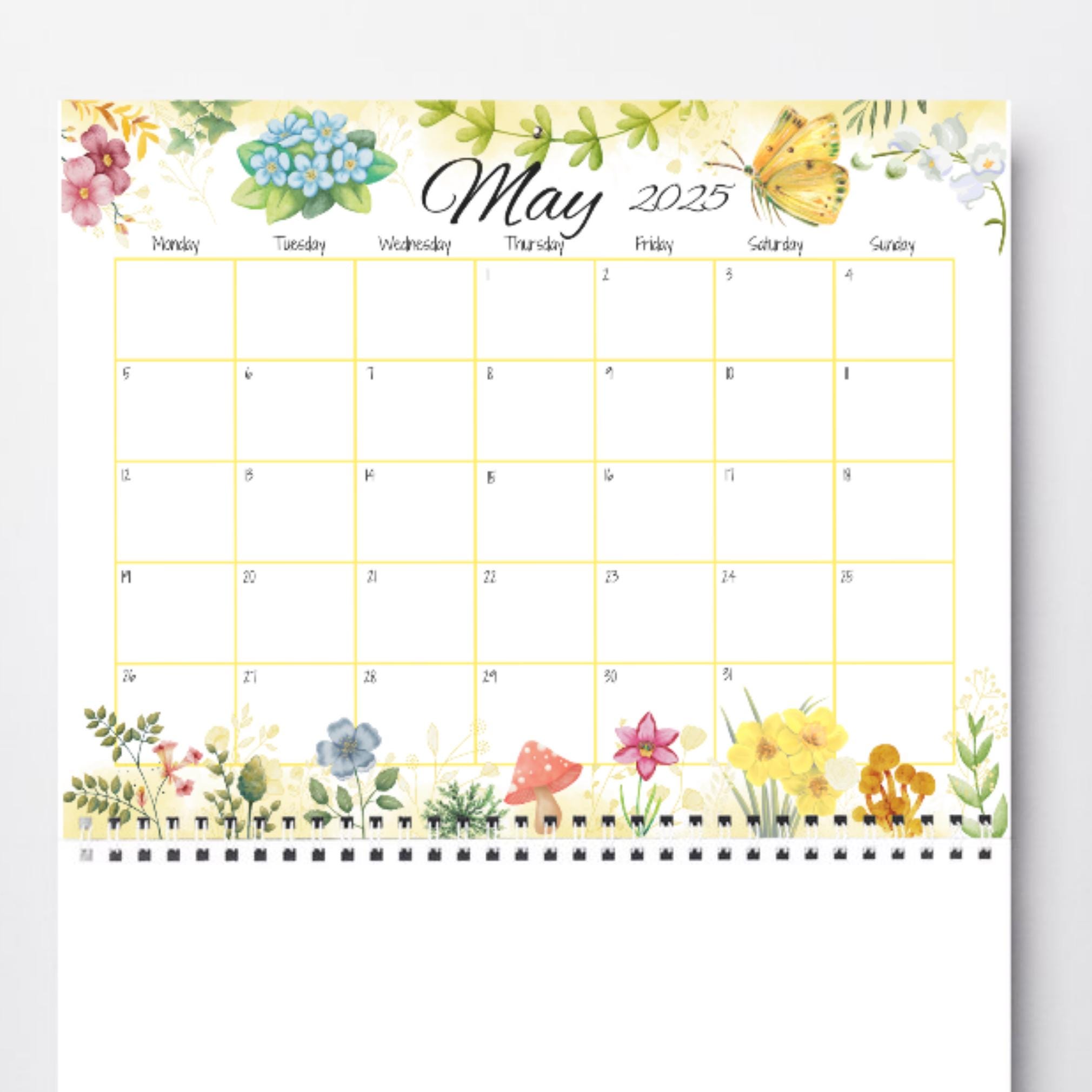 EDITABLE May 2025 Calendar, Colorful Flowers, Butterfly, Mushrooms ...