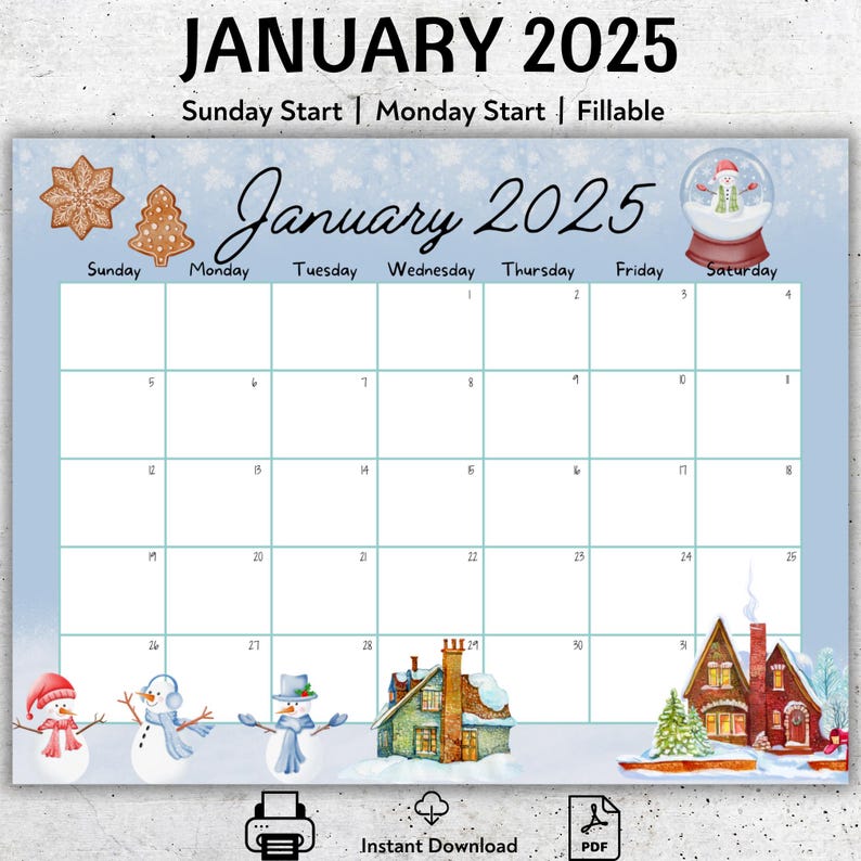 EDITABLE January 2025 Calendar, Beautiful Winter, Happy New Year ...