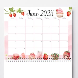Strawberry-themed June 2025 Calendar, Printable Monthly Planner, US ...