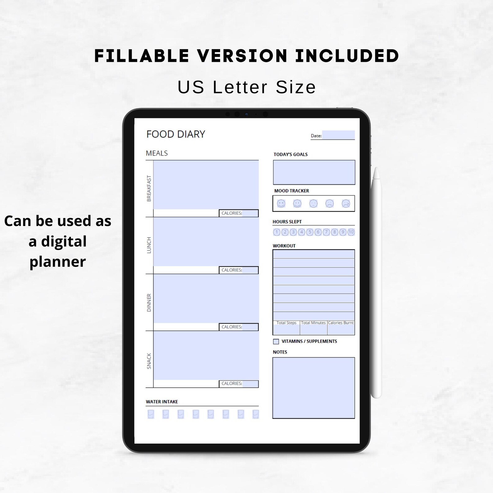 Daily Food Diary Printable, Food Journal, Vitamin Intake, Water Intake ...
