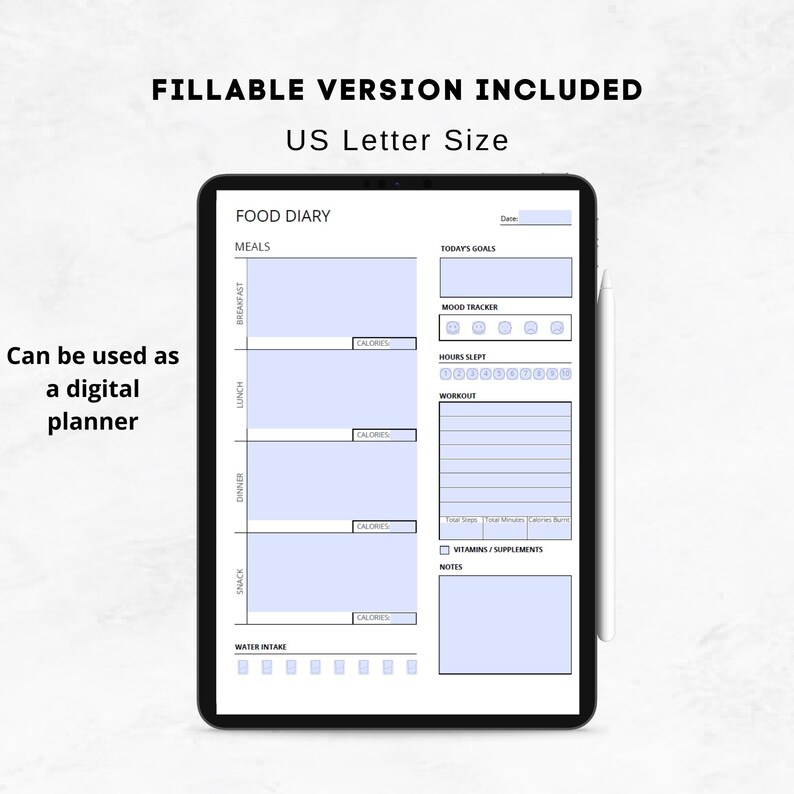 Daily Food Diary Printable, Food Journal, Vitamin Intake, Water Intake ...
