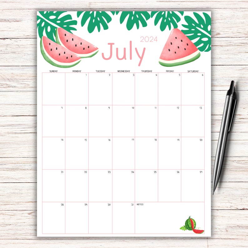 Printable July 2024 Calendar, Editable Planner July 2024, Watermelon ...