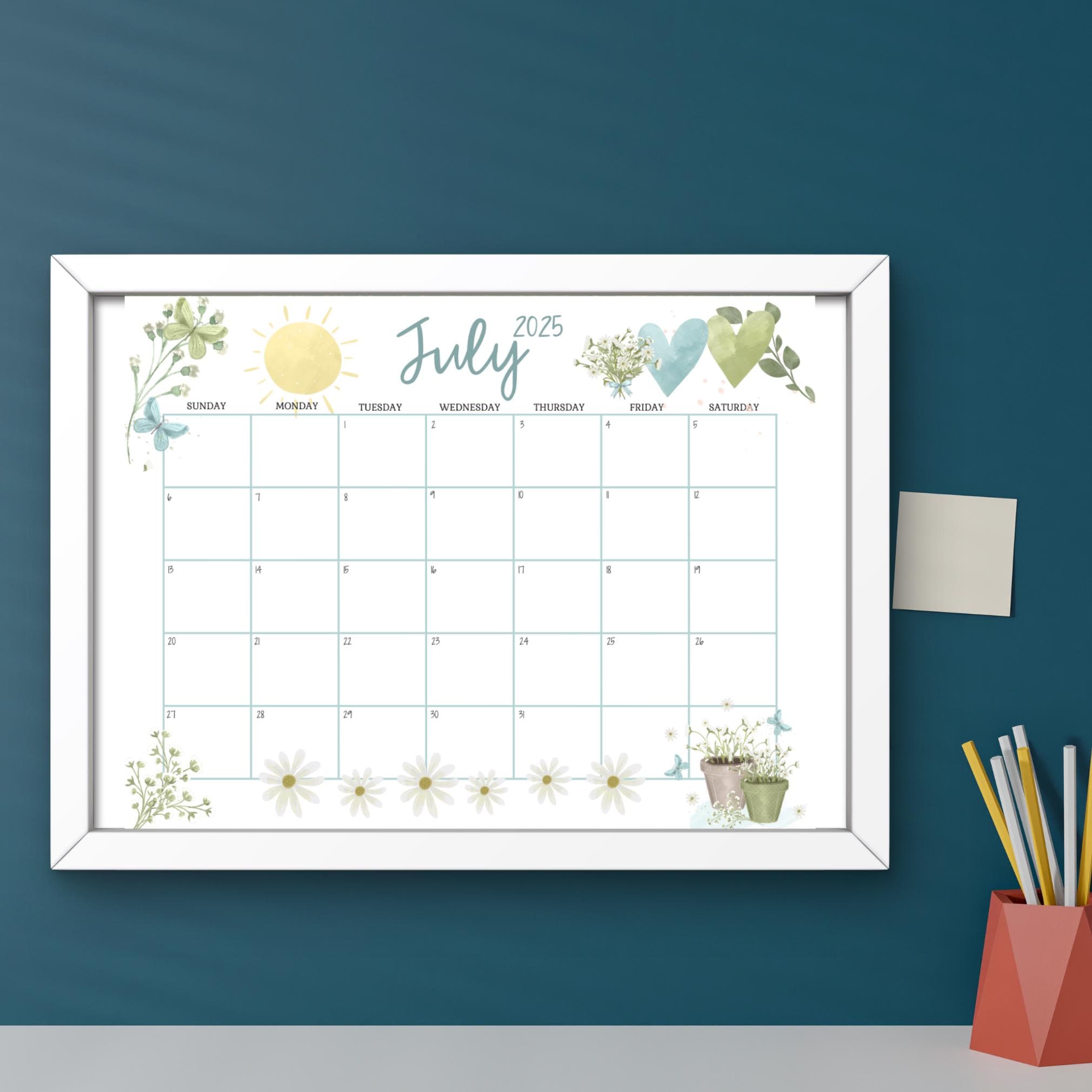 EDITABLE July 2025 Calendar, Beautiful Daisies, Garden Flower ...