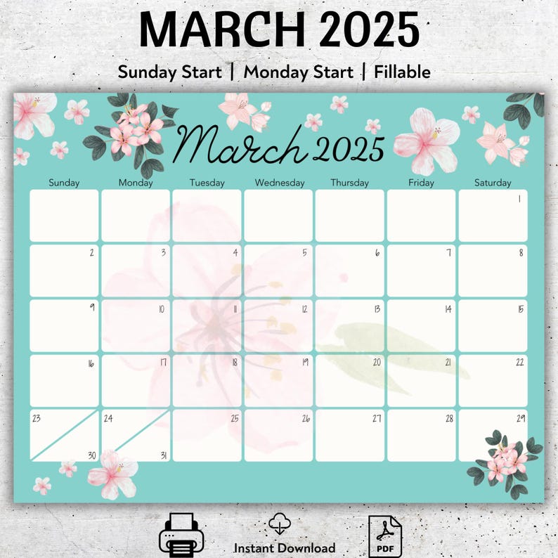 Editable Printable 2025 March Calendar, 2025 March Planner, Floral ...