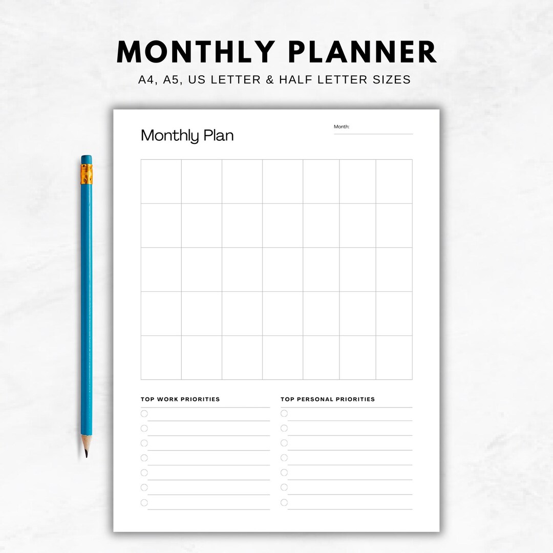 Monthly Planner Printable, Work Planner, Simple Monthly Organizer ...
