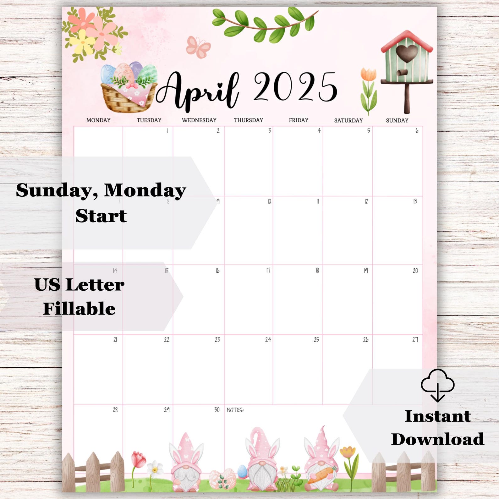 Printable April 2025 Calendar With Cute Easter Gnomes US Letter ...