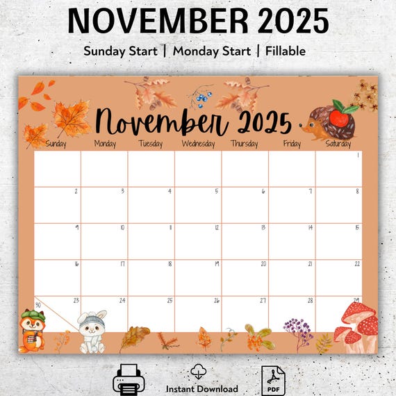 EDITABLE November 2025 Calendar Beautiful Fall Printable November Planner Fillable Calendar Monthly Schedule for Kid Calendar for Women Etsy