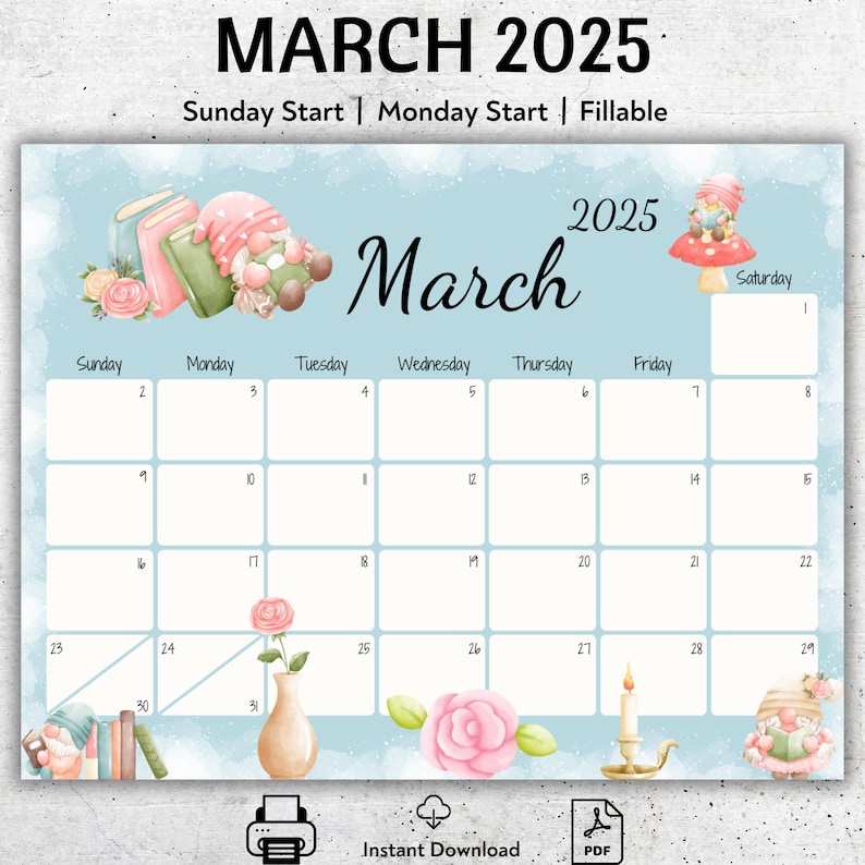 EDITABLE March 2025 Calendar, Fillable Calendar, Cute Gnomes, Happy St ...