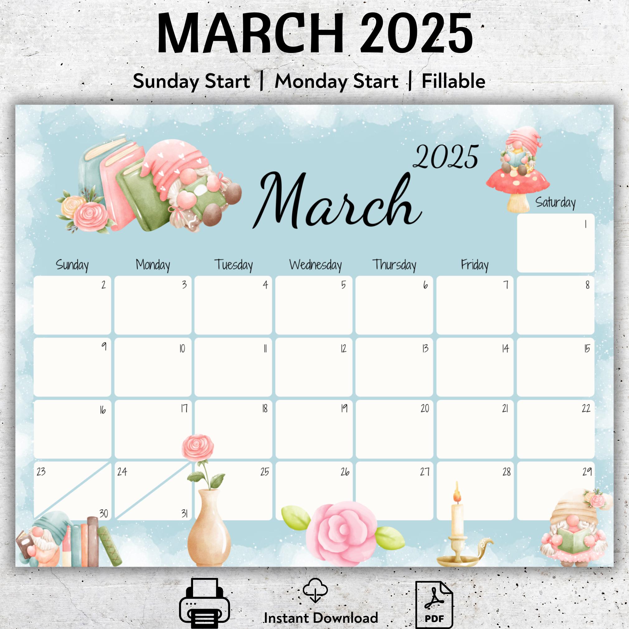 EDITABLE March 2025 Calendar, Fillable Calendar, Cute Gnomes, Happy St ...