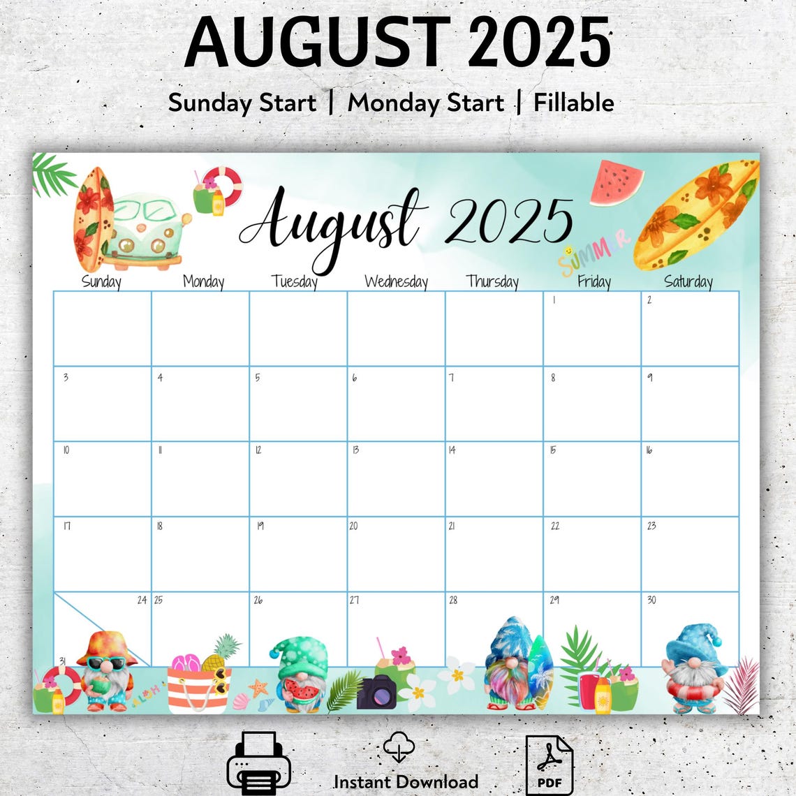EDITABLE August 2025 Calendar, Beautiful Summer, Watermelon, Cute Gnome ...