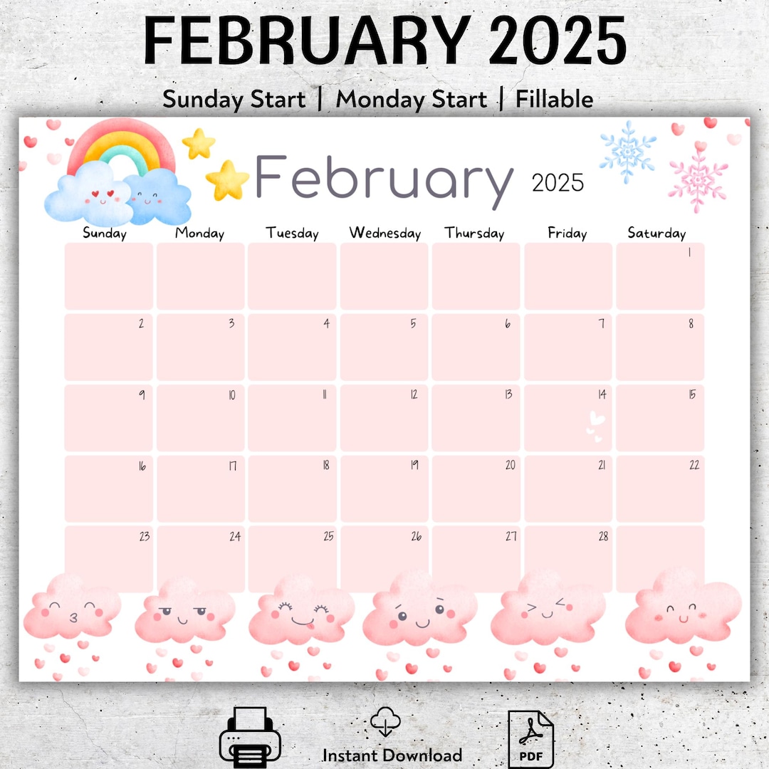 EDITABLE February 2025 Calendar, Beautiful Rainbow, Cute Clouds ...