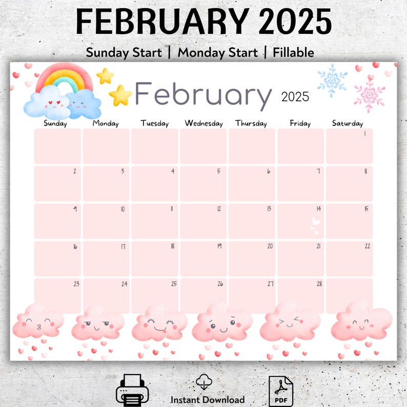 EDITABLE February 2025 Calendar, Beautiful Rainbow, Cute Clouds ...
