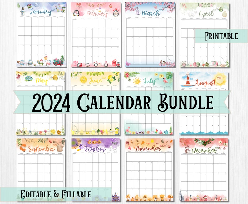 EDITABLE Calendar 2024 Bundle, Printable New Year Calendar, Fillable ...