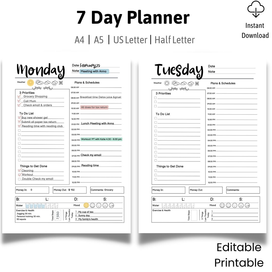 7 Day Planner, Work Planner, Printable Weekly Planner, 365 Daily ...