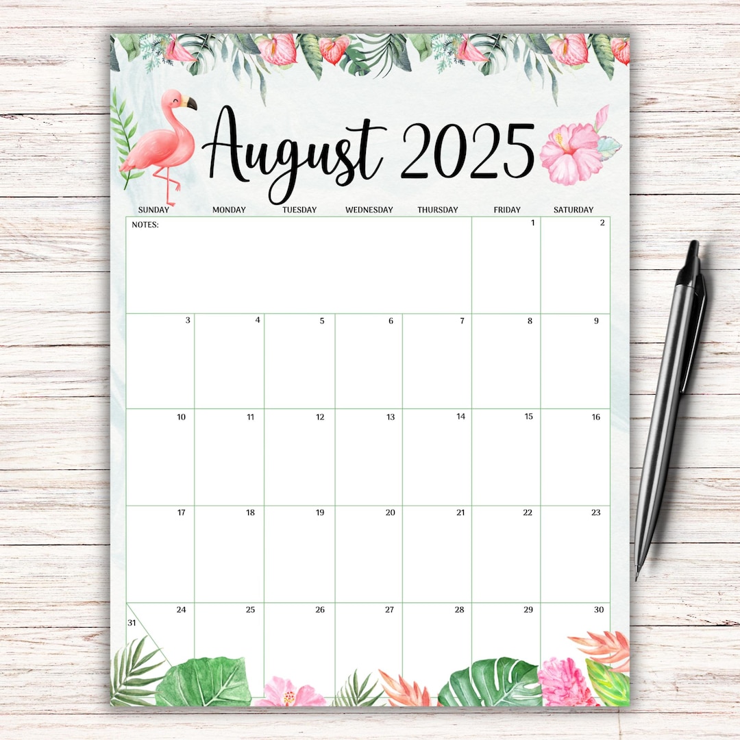 August 2025 Calendar Printable, Tropical Flamingo Design, Fillable PDF ...