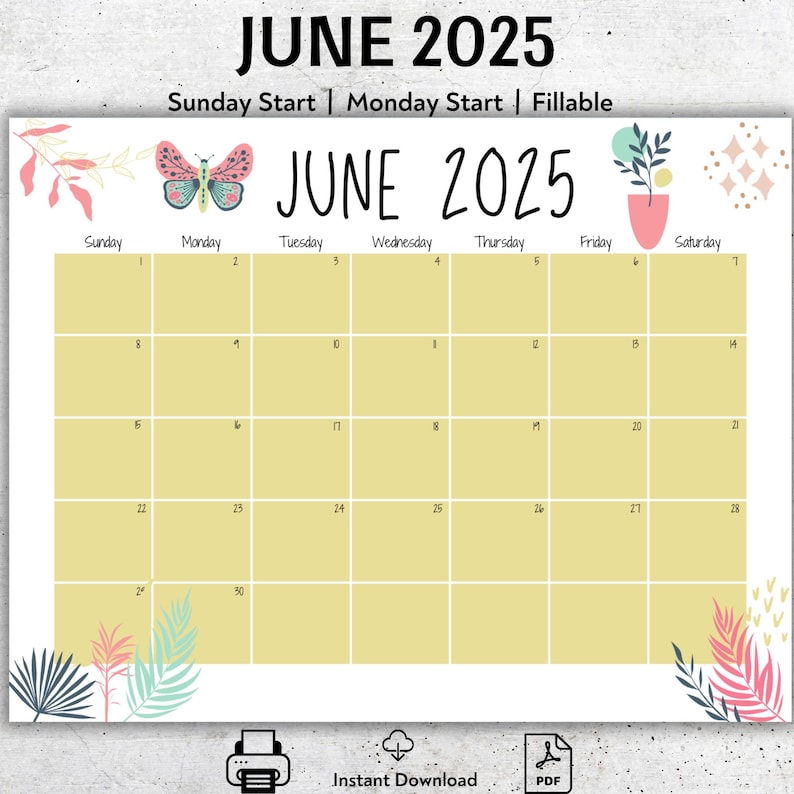 EDITABLE June 2025 Calendar, Beautiful Flowers and Butterfly, Printable ...