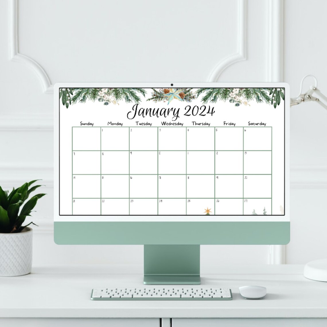 EDITABLE January 2024 Calendar, Snowy Pine Trees, Old Red Truck ...