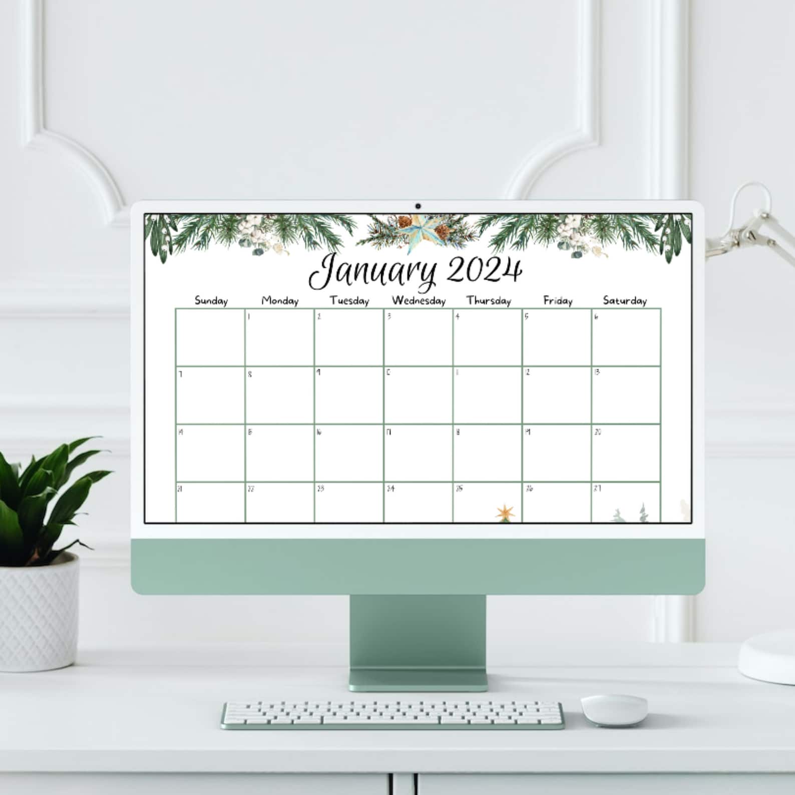 EDITABLE January 2024 Calendar, Snowy Pine Trees, Old Red Truck ...