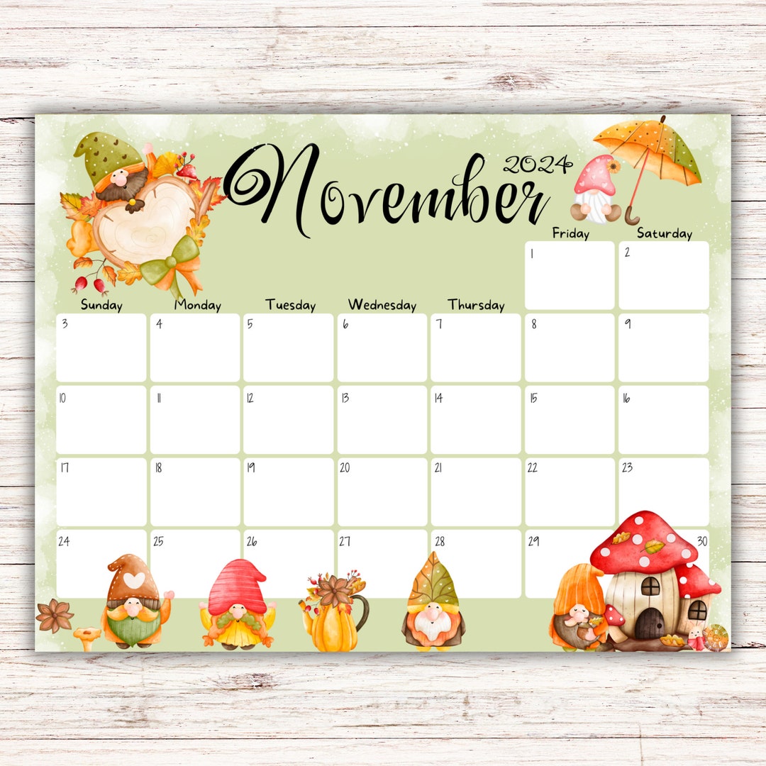 EDITABLE November 2024 Calendar, Fall Colors, Cute Gnomes, Printable ...