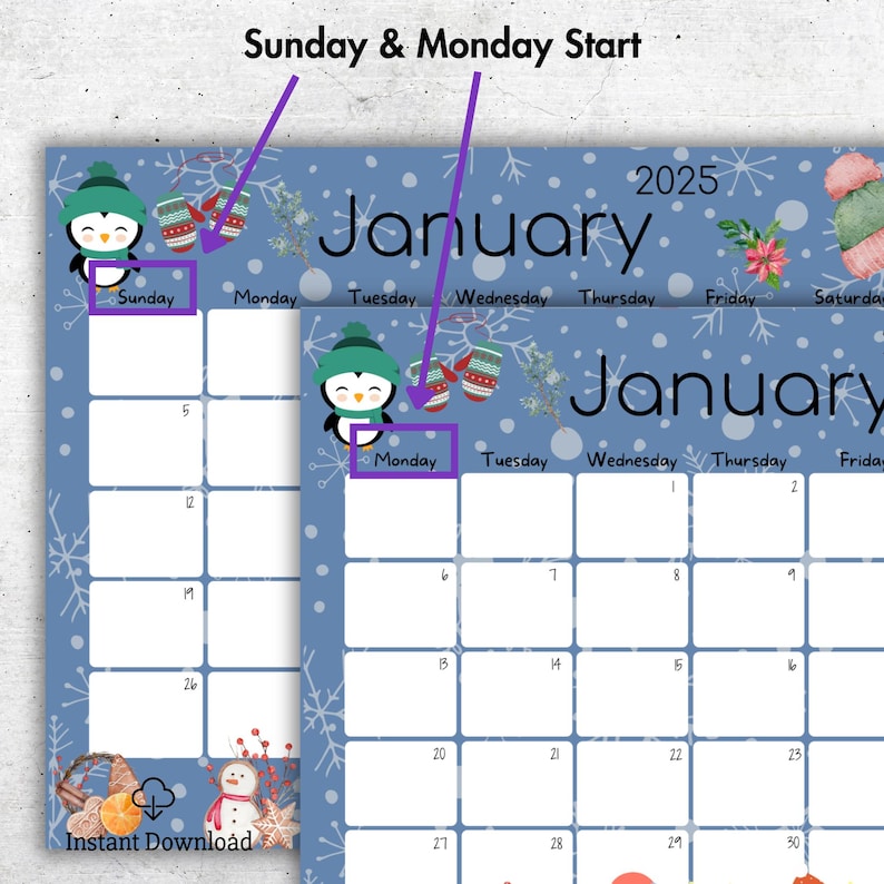 EDITABLE January 2025 Calendar, Beautiful Winter, Snowmen and Penguins ...