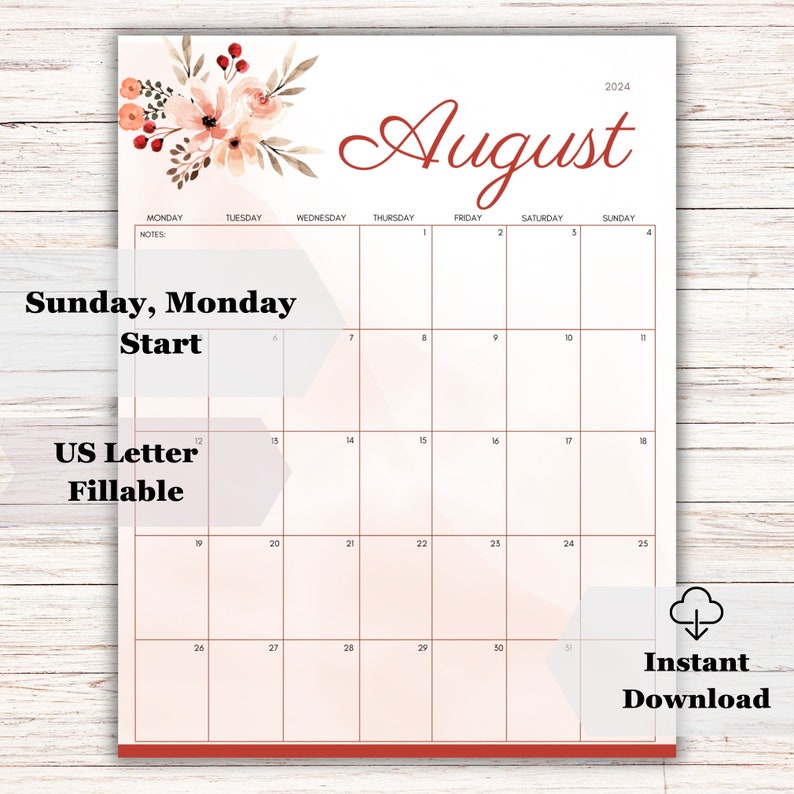 EDITABLE August 2024 Calendar, Beautiful Flowers, Minimalist Design ...