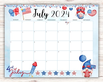 July 2024 Calendar, Printable 4th July Independence Day, Happy 4th July ...