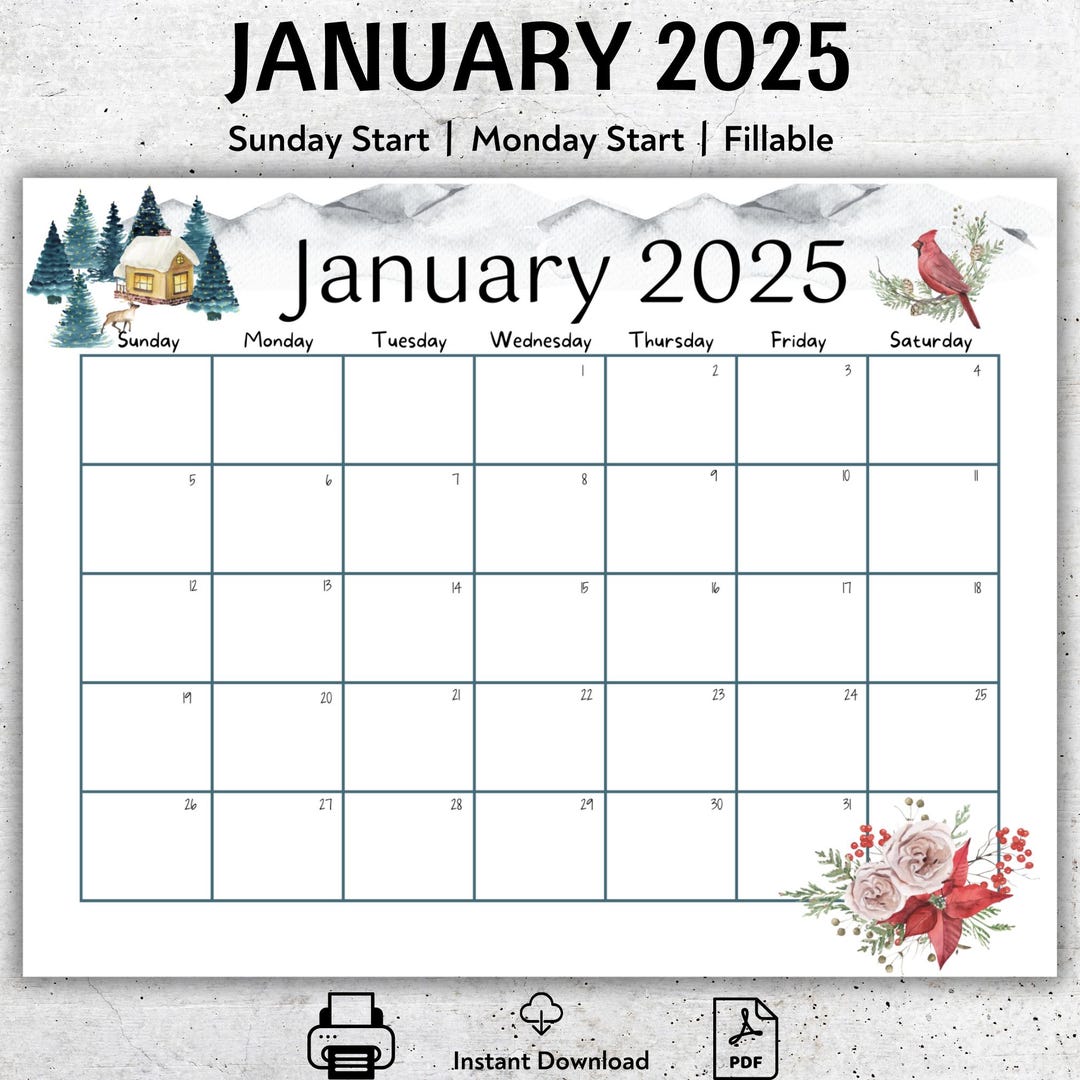 EDITABLE January 2025 Calendar, Printable January Calendar, Snowy ...
