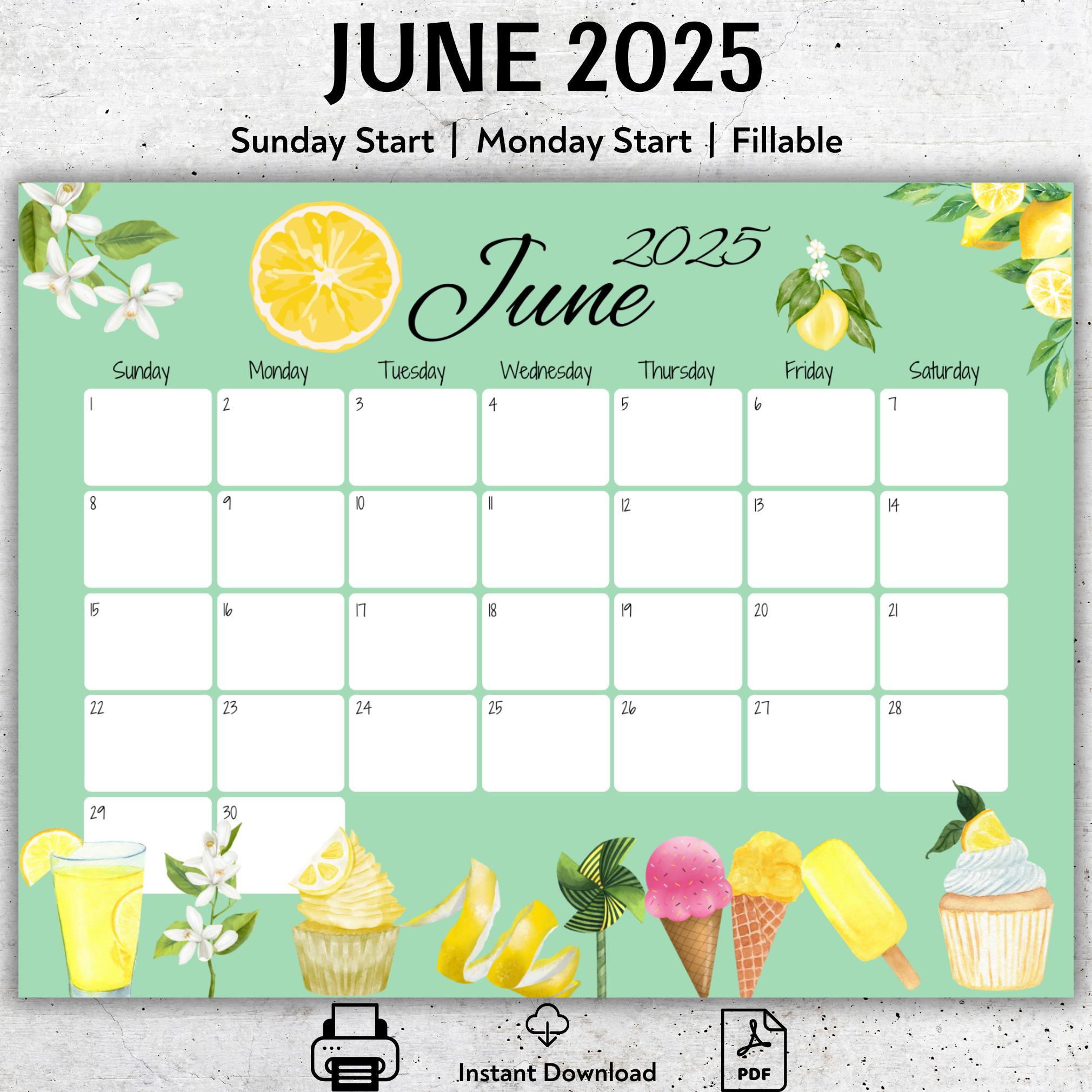 June 2025 Printable Calendar, Lemon Themed Monthly Planner, Digital ...