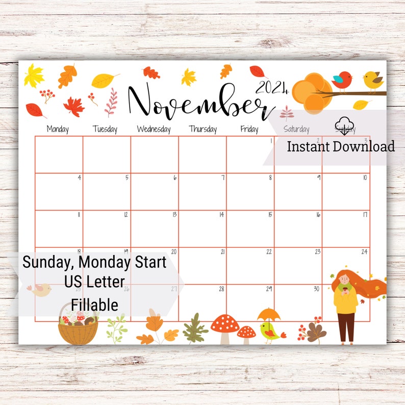 EDITABLE November 2024 Calendar, Fall Foliage, Calendar for Women ...
