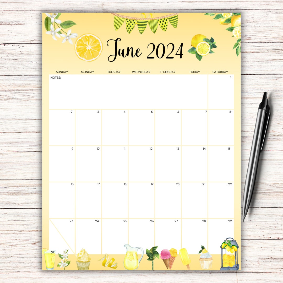 Editable 2024 June Calendar, Monthly June Planner, Yellow Lemons, Kids ...