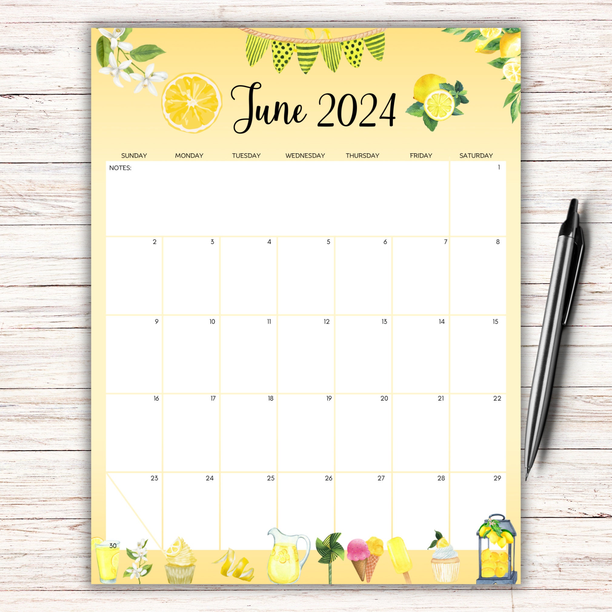 Editable 2024 June Calendar, Monthly June Planner, Yellow Lemons, Kids ...