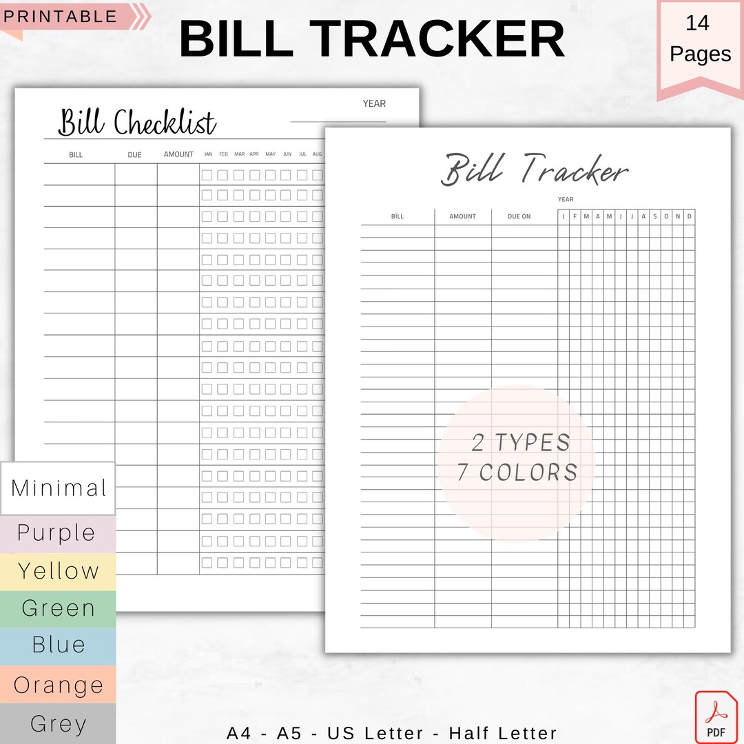 Bill Payment Tracker, Bill Organizer, Bill Log, Bill Tracker, Bill ...