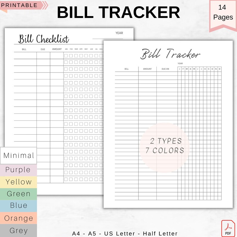 Bill Payment Tracker, Bill Organizer, Bill Log, Bill Tracker, Bill ...