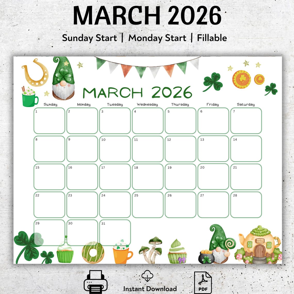 EDITABLE March 2026 Calendar, Printable Fillable Calendar Planner ...