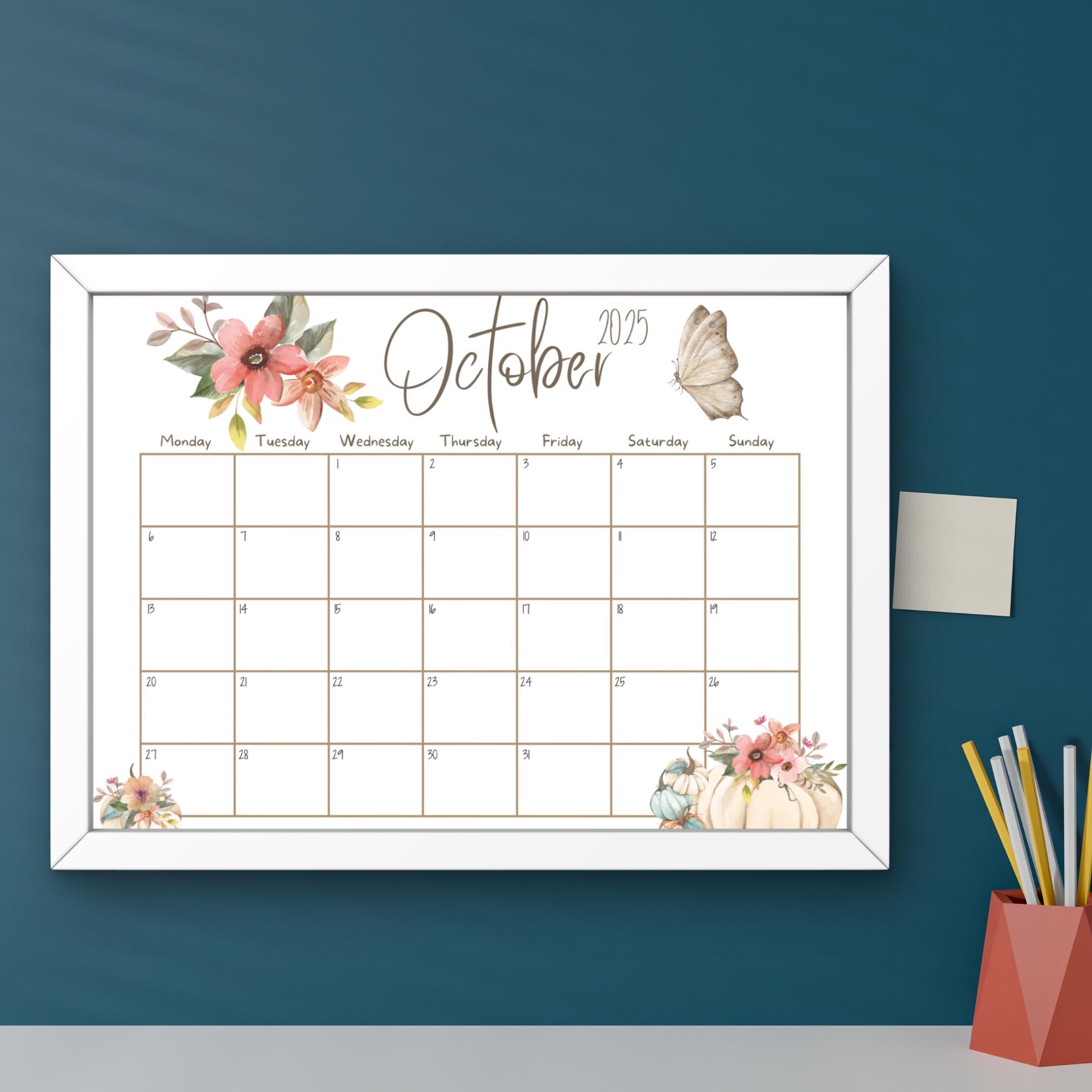 EDITABLE October 2025 Calendar, Beautiful Pumpkins, Colorful Flowers ...