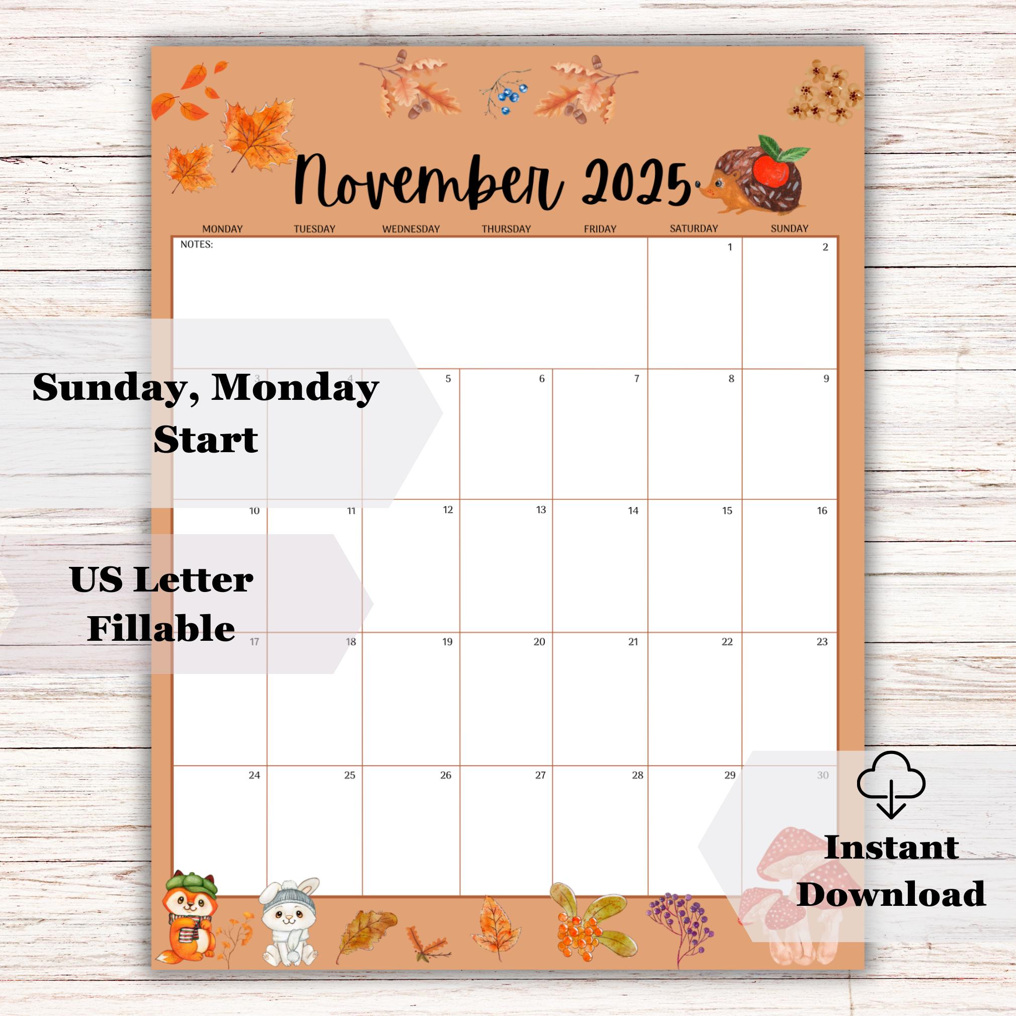 EDITABLE November 2025 Calendar, Thanksgiving Planner, Beautiful Fall ...