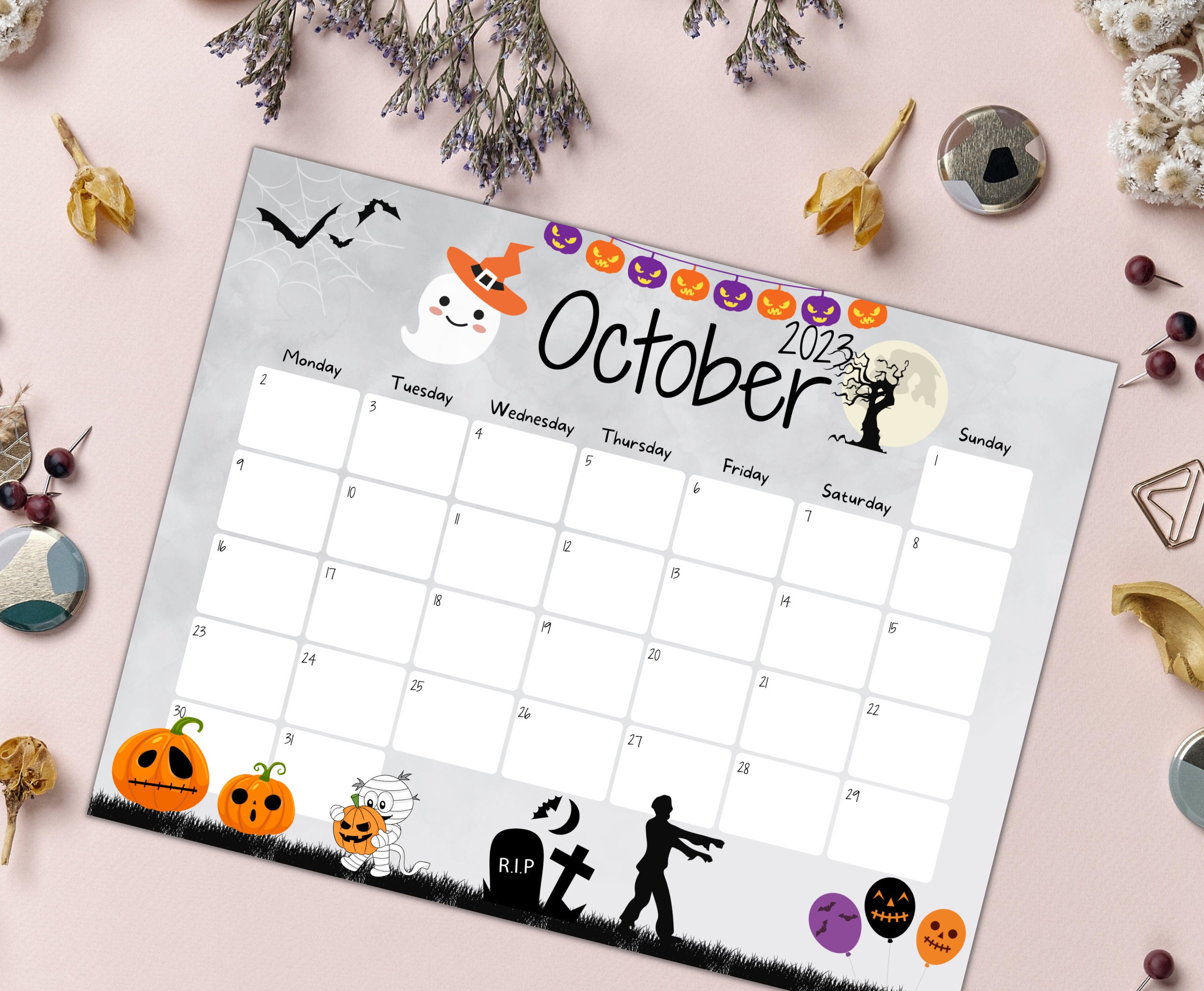 EDITABLE October 2023 Calendar, Happy Halloween, Pretty Ghost, Cute ...
