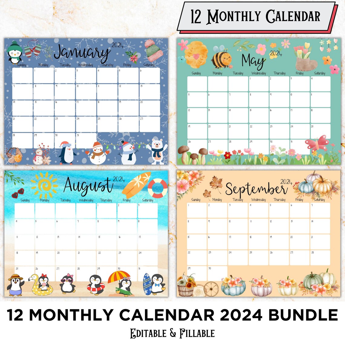 Monthly Calendar 2024, New Year, School Home Office, 2024 Monthly ...