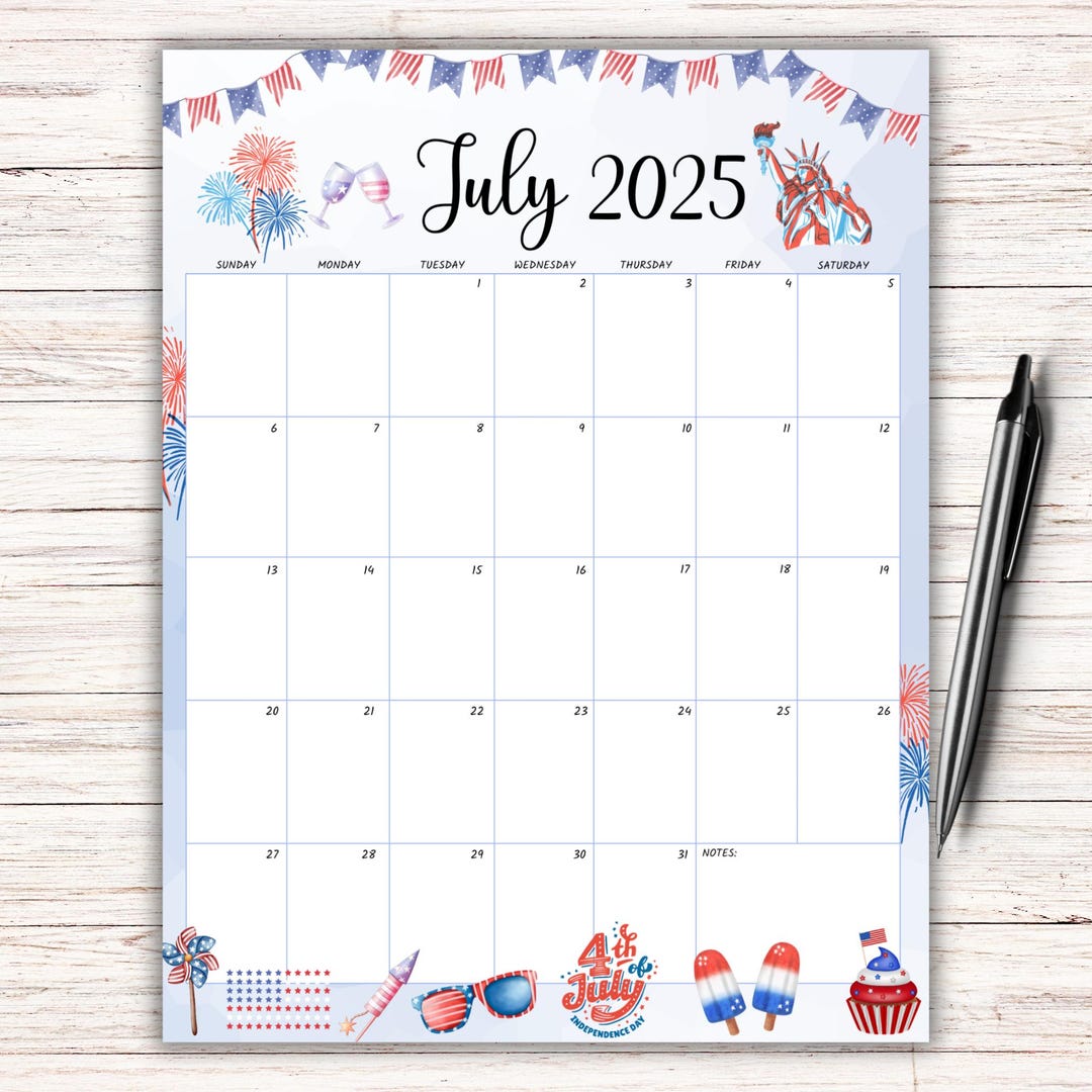 EDITABLE July 2025 Calendar, 4th July Independence Day, Happy 4th July ...