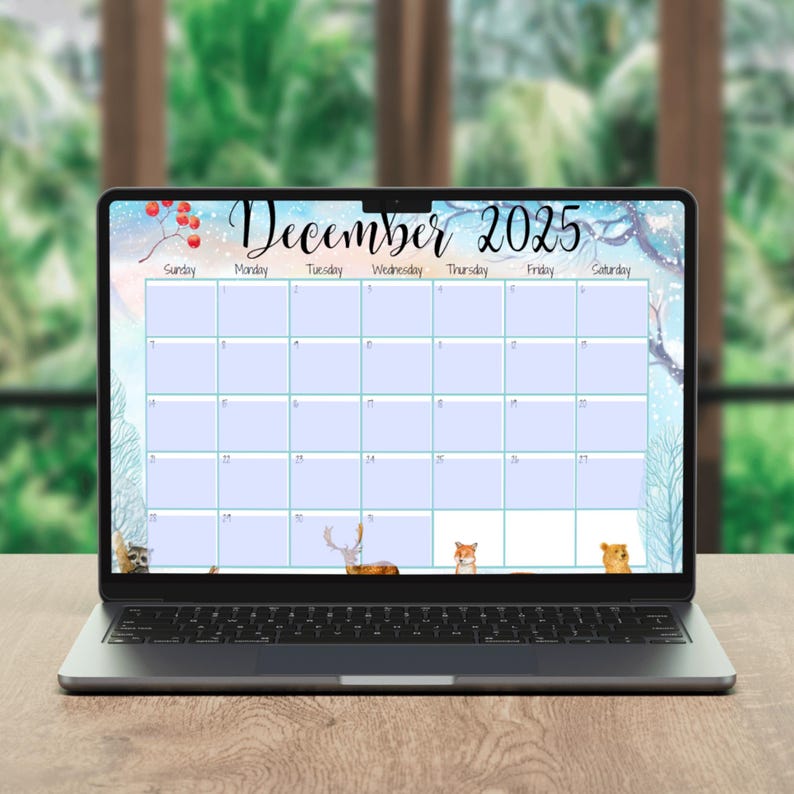 EDITABLE December 2025 Calendar, Cute Animals, Beautiful Winter ...