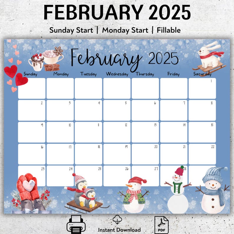 EDITABLE February 2025 Calendar, Beautiful Winter, Snowman and Penguins ...