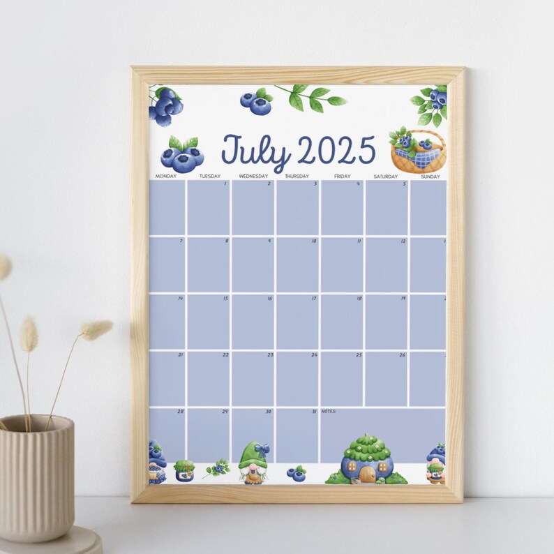 Blueberry-themed Printable Calendar July 2025, Cute Cottagecore Monthly ...
