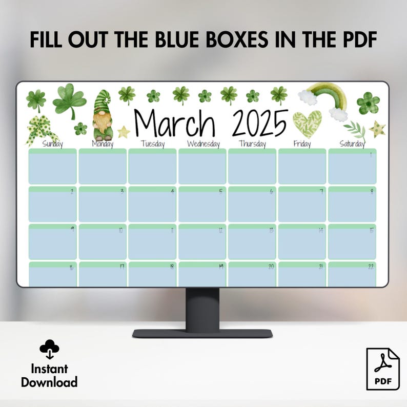 EDITABLE March 2025 Calendar, Printable Planner, Fillable Calendar, Happy St. Patrick's Day ...