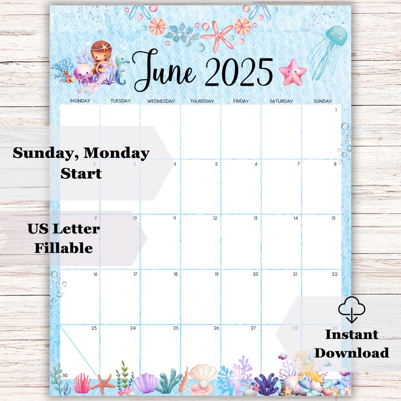 June 2025 Mermaid Printable Calendar, Ocean-themed Editable PDF, US ...