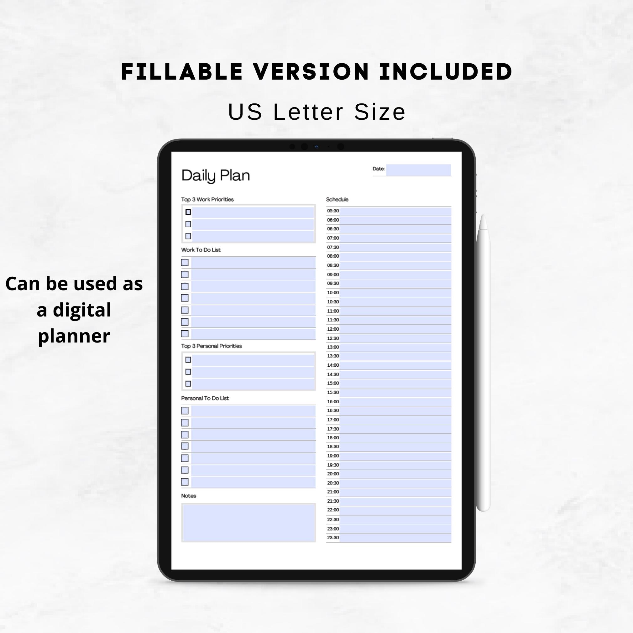 Daily Planner Printable, Minimalist Fillable PDF Template, A4 A5 US ...