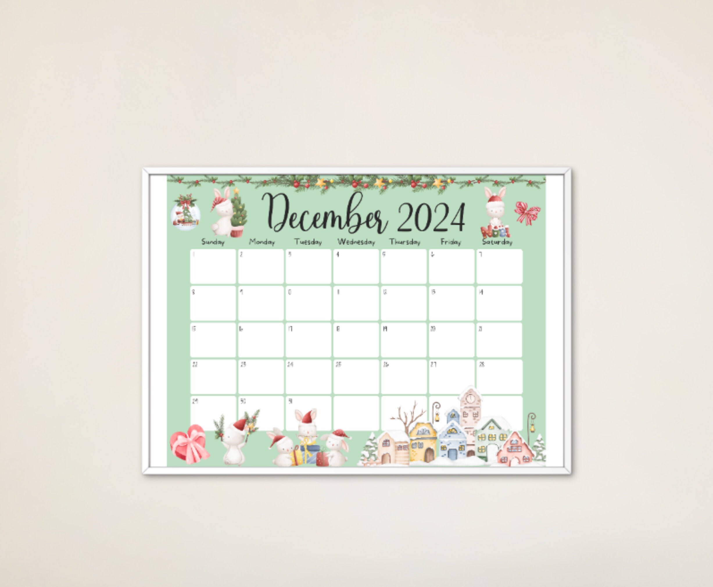 EDITABLE December 2024 Calendar, Beautiful Winter, Cute Rabbits ...