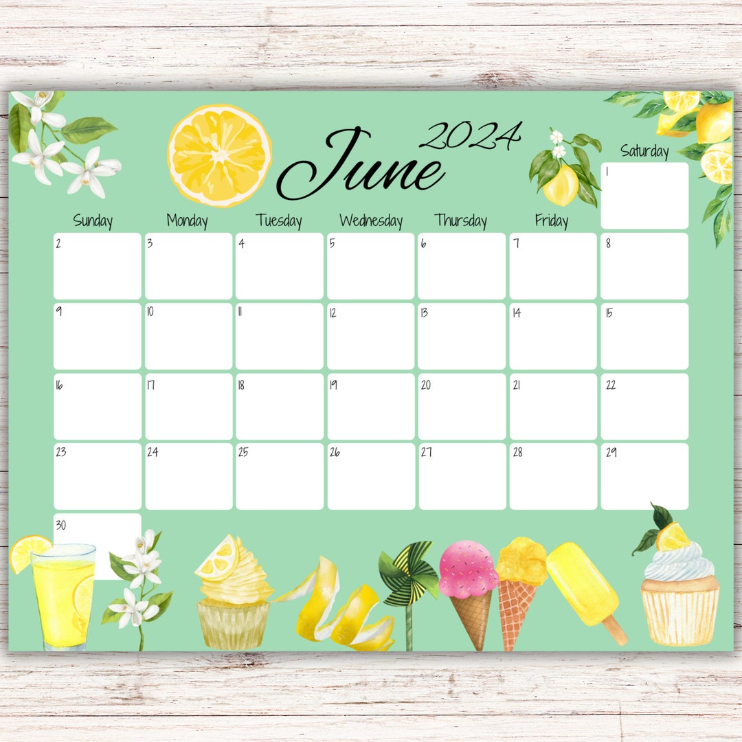 EDITABLE June 2024 Calendar, Yellow Lemons, Delicious Ice Creams, Green ...